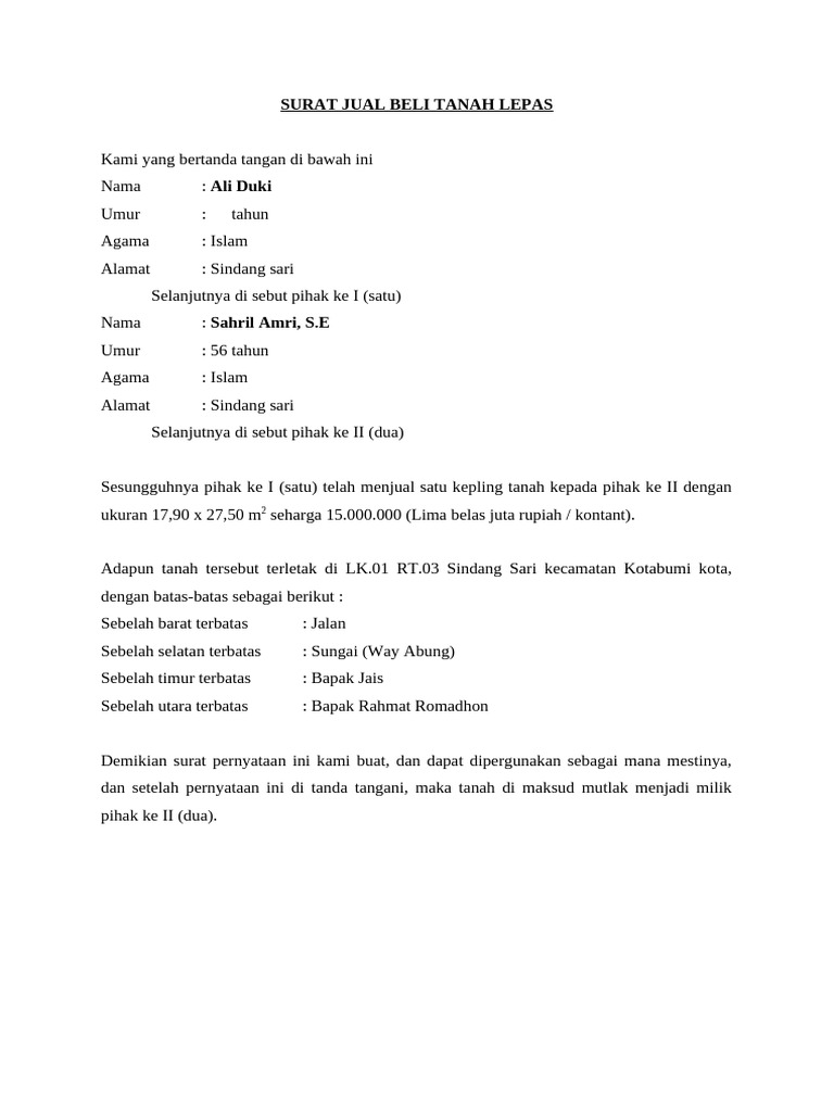 Surat Jual Beli Tanah Lepas | PDF