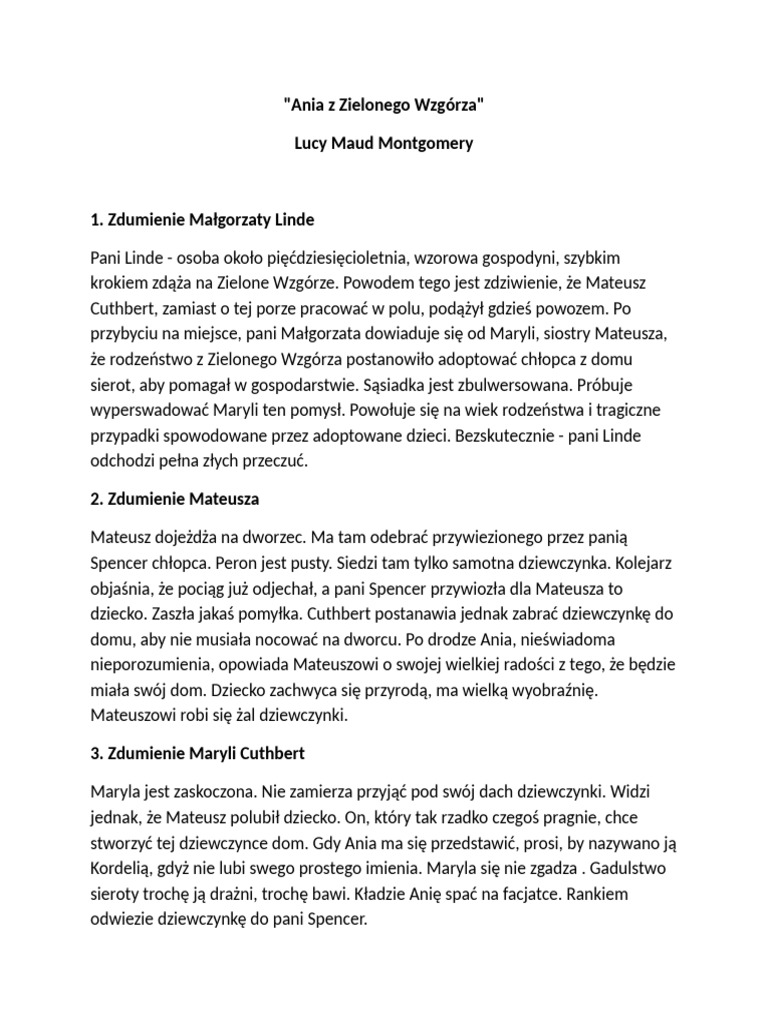Ania Z Zielonego Wzgórza - Streszczenie | PDF