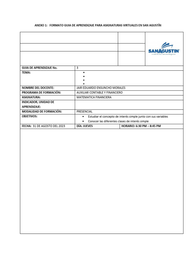 Guia de Clases Sesion 3 Interes Simple y Clases de Interes Simple Valor ...