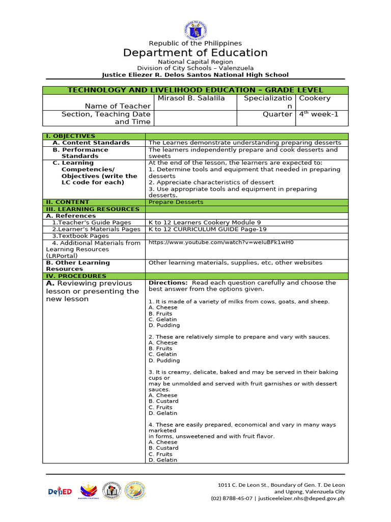 Cookery Lesson 1 DLP Mirasol | PDF | Desserts | Pudding