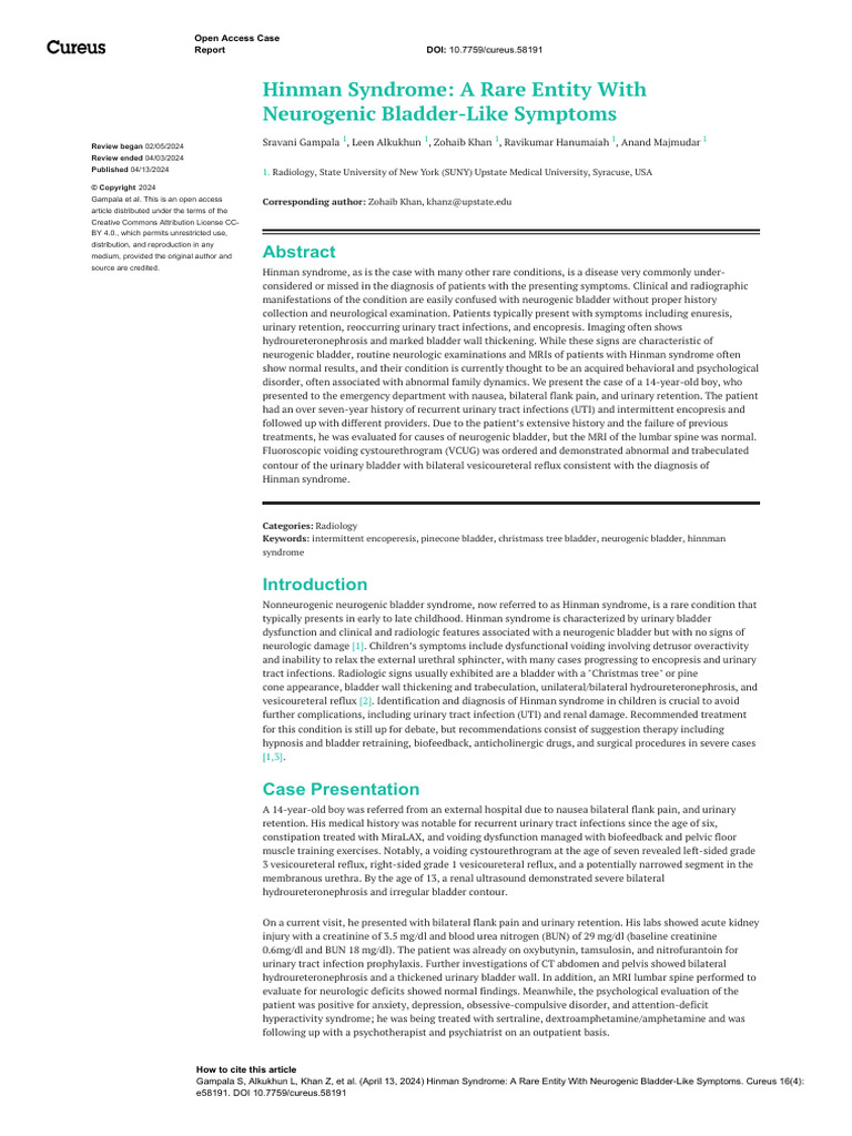 Hinman Syndrome A Rare Entity With Neurogenic Bladder-Like Symptoms ...