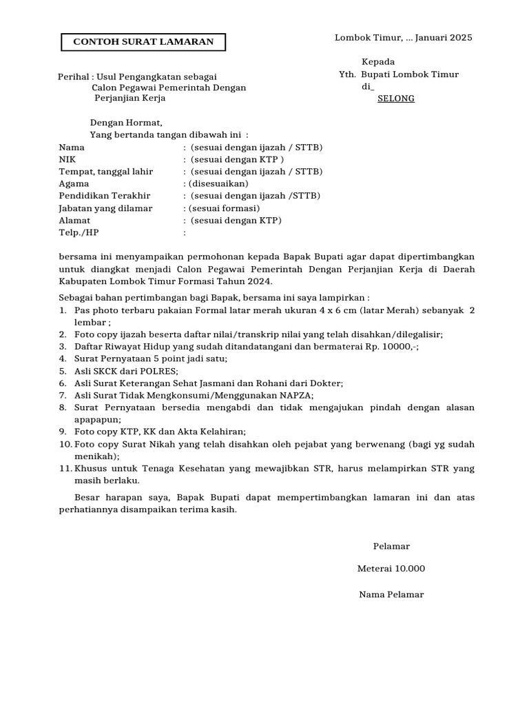 Format SURAT LAMARAN PPPK 2024 | PDF