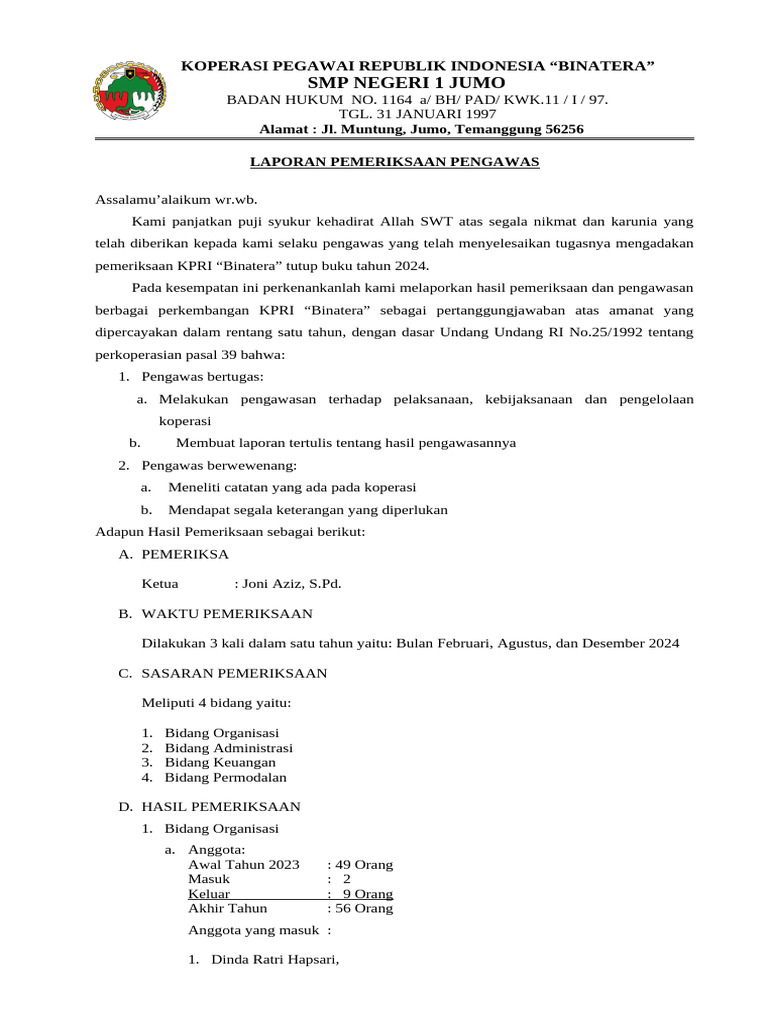 Laporan Pemeriksaan Pengawas | PDF