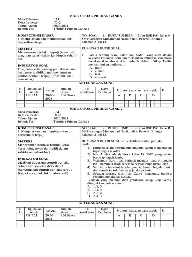 Kartu Soal Uraian | PDF