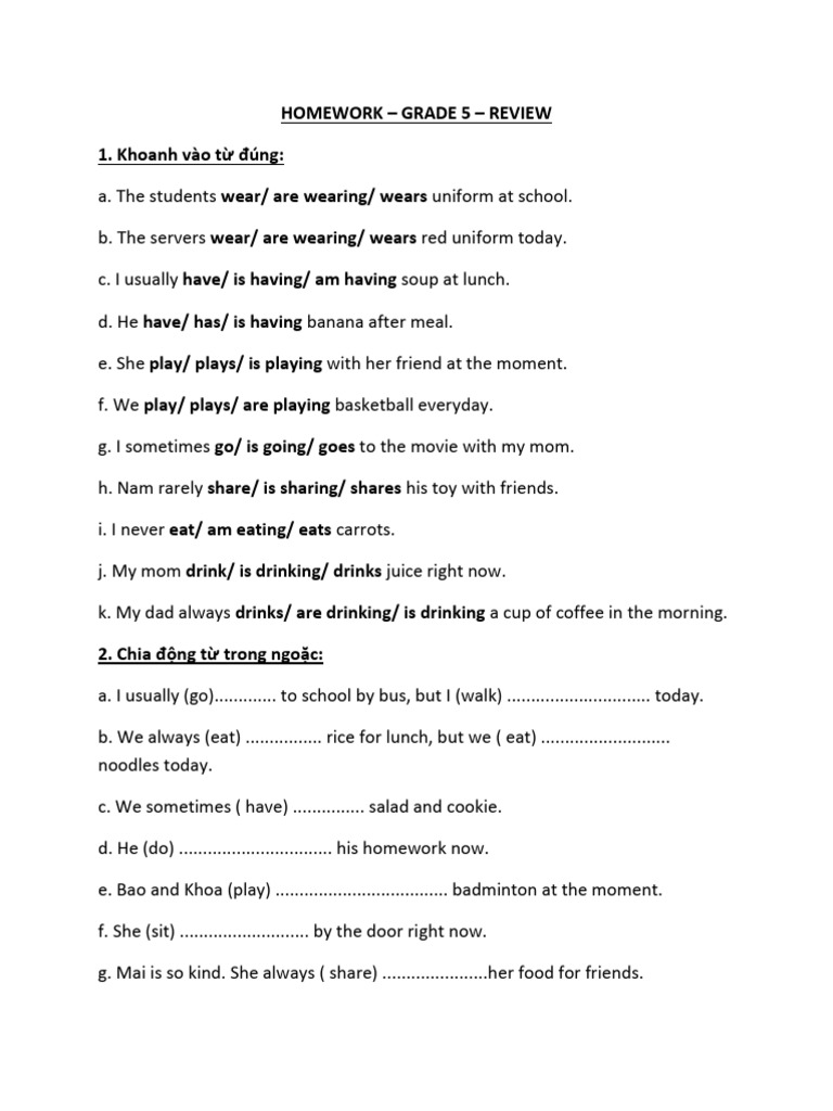 HOMEWORK - GRADE 5 - REVIEW | PDF