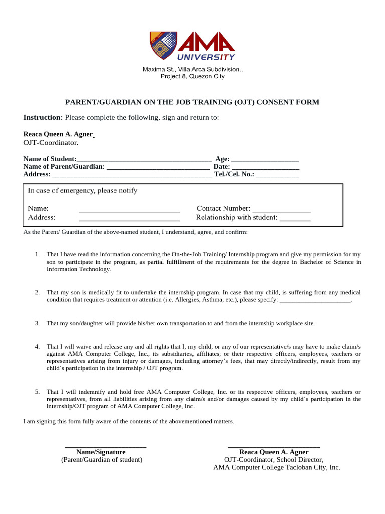 OJT Parent Consent Form | PDF