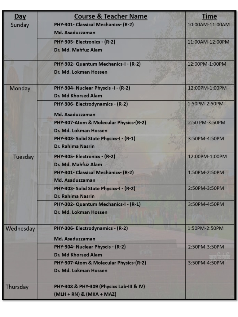 Weekly Physics Course Schedule | PDF