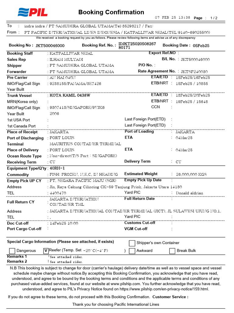 Booking Confirmation: PT Samudera Global Utama | PDF | Cargo | Logistics
