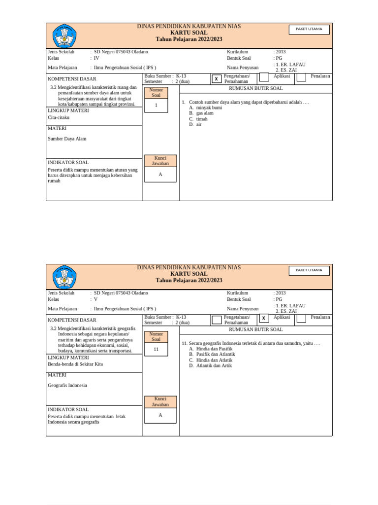 Kartu Soal 2023 | PDF