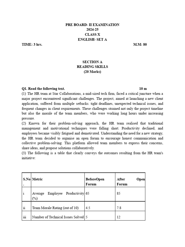 Class X - Pre Board II - English Language & Literature (184) - QP - Set A | PDF | Sports
