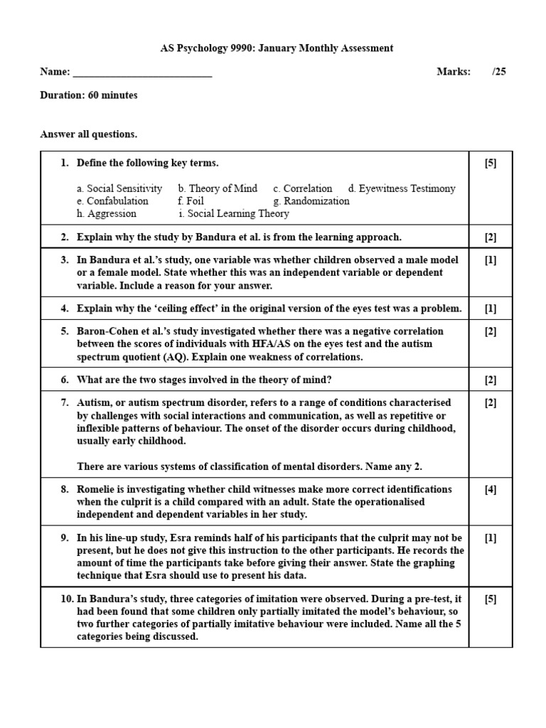 AS Psychology 9990 - January Monthly Assessment | PDF | Theory Of Mind ...