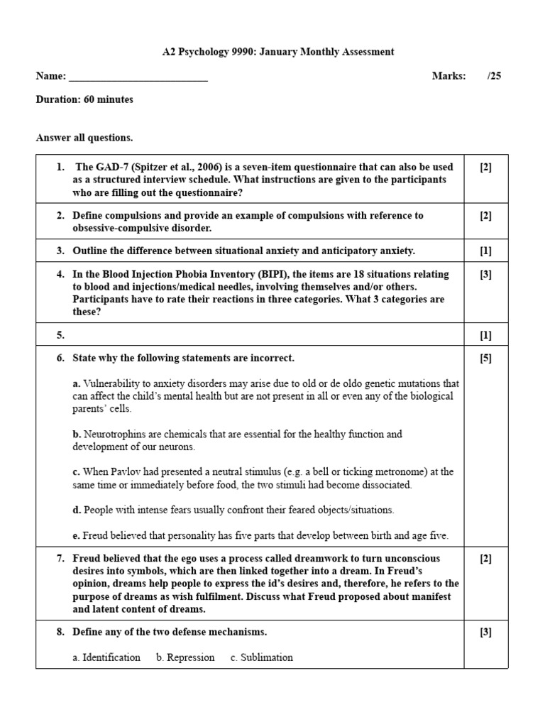 A2 Psychology 9990 January Assessment Guide | PDF | Anxiety | Sigmund Freud