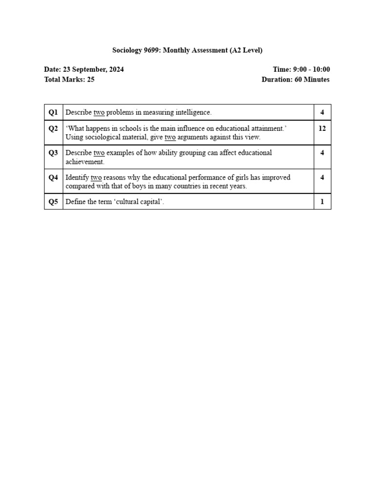 Sociology 9699 - September Monthly Assessment (A2 Level) | PDF