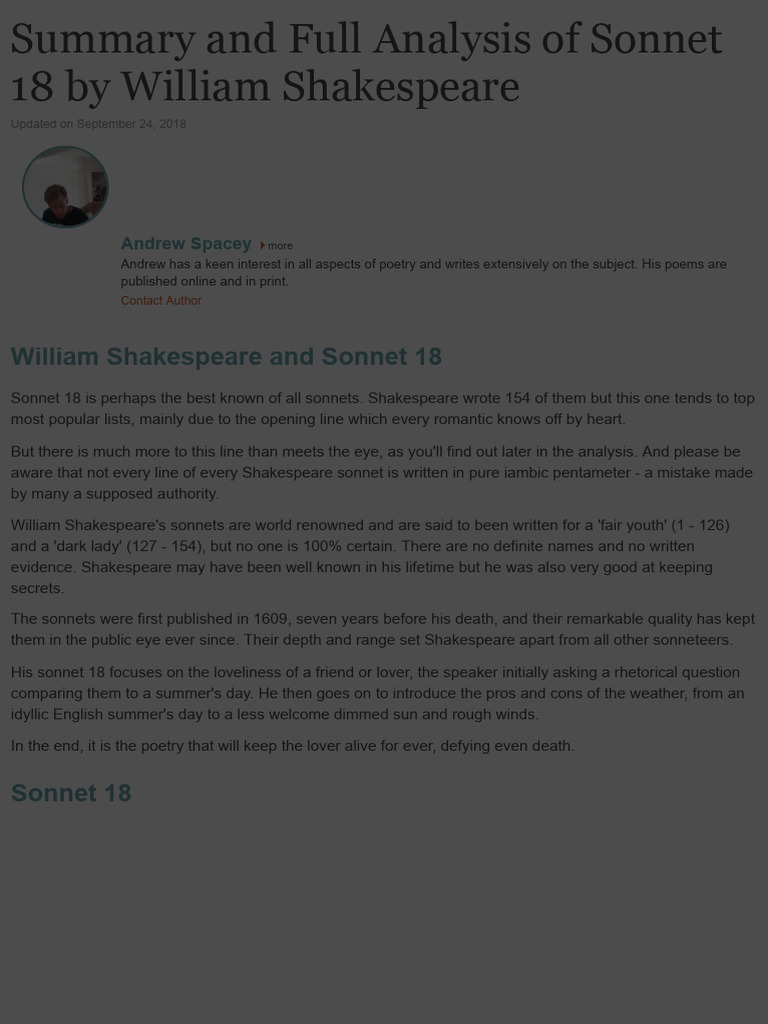 Summary and Full Analysis of Sonnet 18 by William Shakespeare | PDF | Metre (Poetry ...