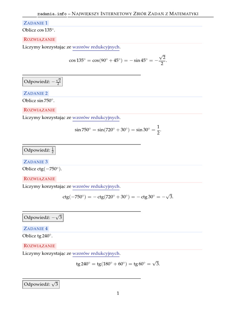 Trygonometria Gr. I Zadania - Info Rozw | PDF