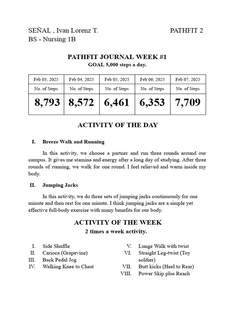 PATHFIT Journal: Week 1 Steps & Activities | PDF