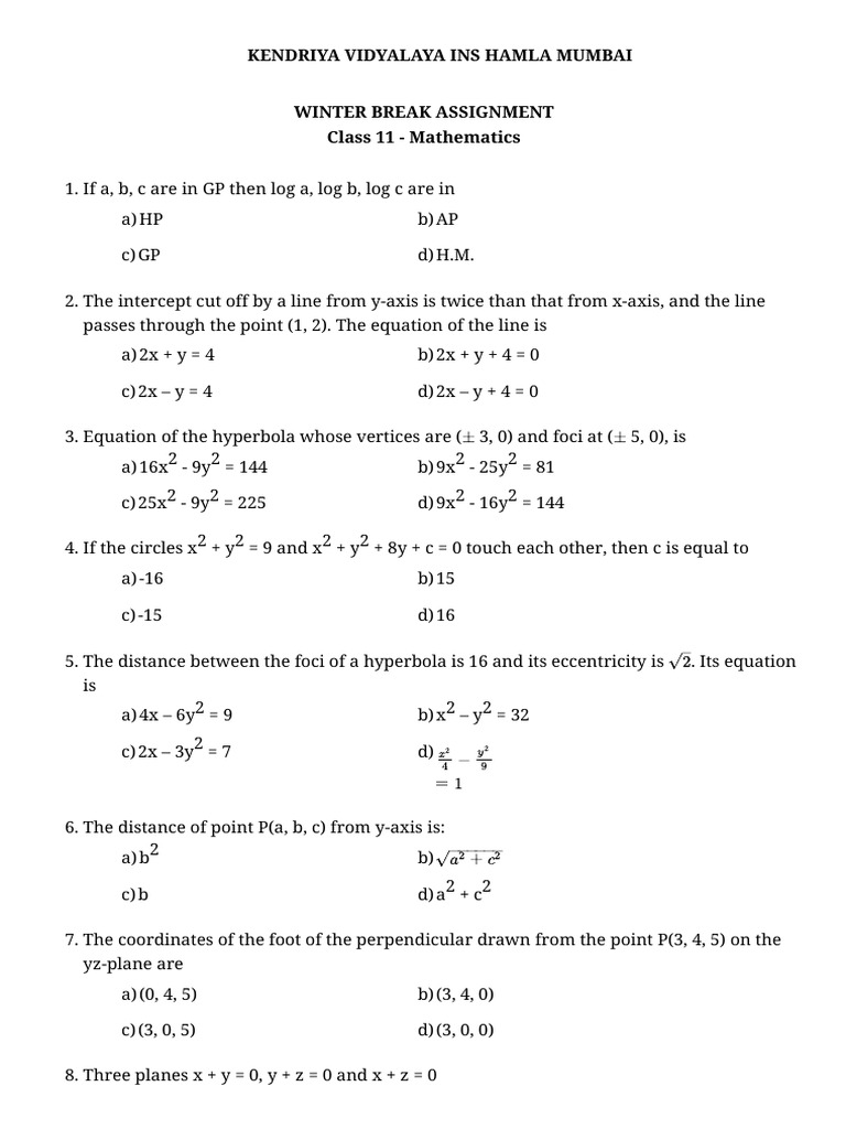 Class 11 Math Winter Break Assignment | PDF | Circle | Perpendicular