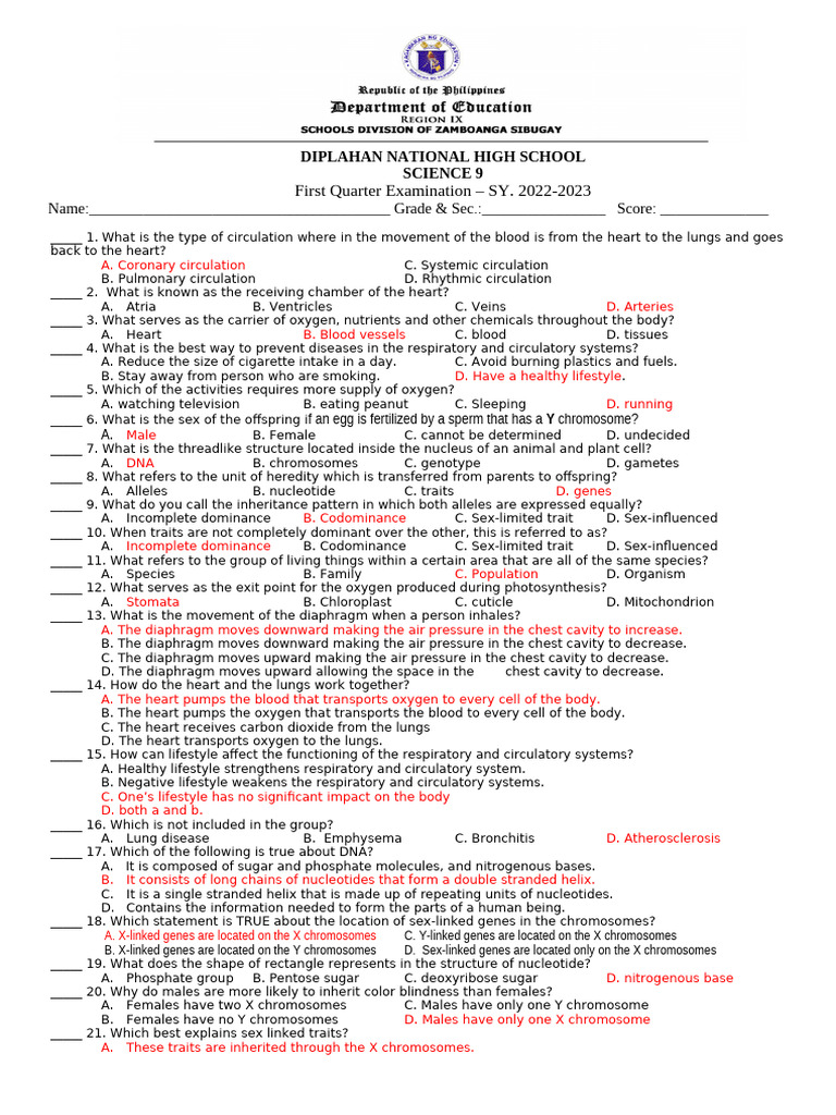 Science 9 First Quarter Exam 2022-2023 | PDF | Circulatory System ...