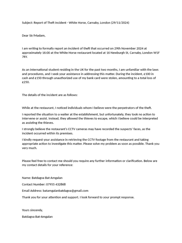 Report of Theft Incident | PDF