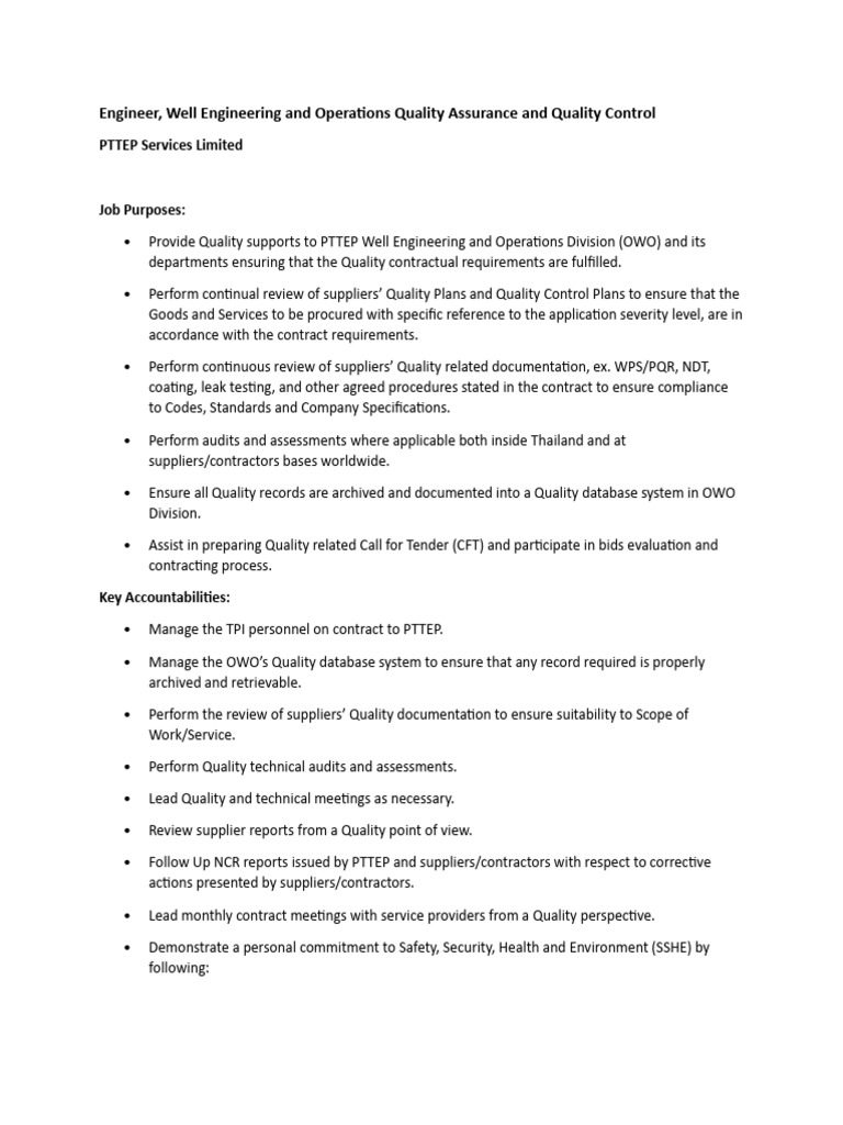 JD - Engineer, Well Engineering and Operations Quality Assurance and Quality Control | PDF ...