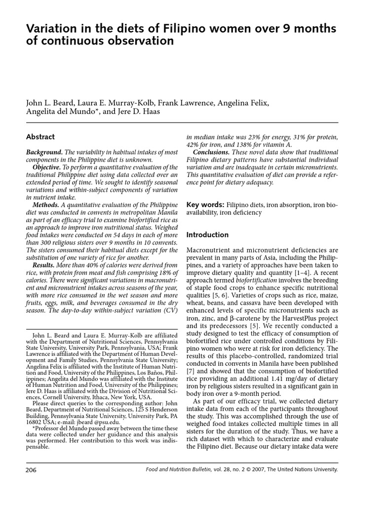 Beard Et Al 2007 Variation in The Diets of Filipino Women Over 9 Months ...