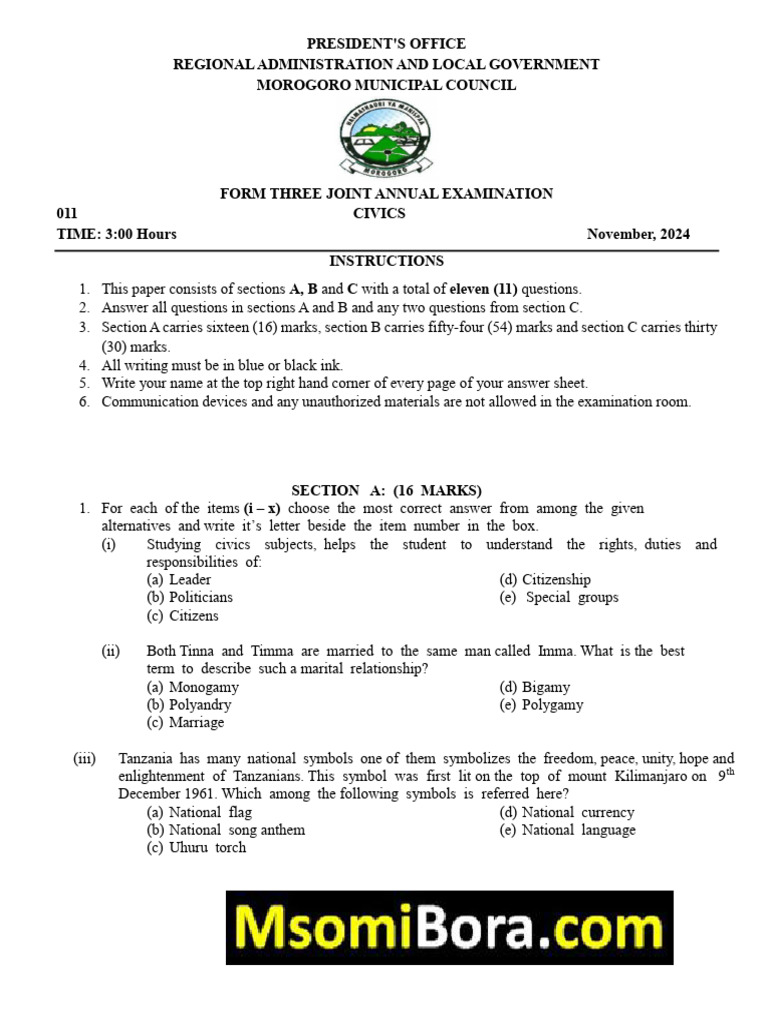 Form Three Civics Exam November 2024 | PDF | Gender | Gender Studies