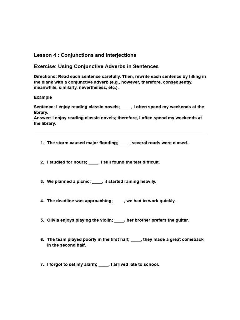 Conjunctive Adverbs Exercise Guide | PDF