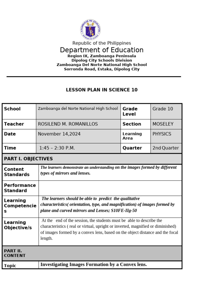 Science 10 Lesson Plan: Convex Lens Images | PDF | Optics ...