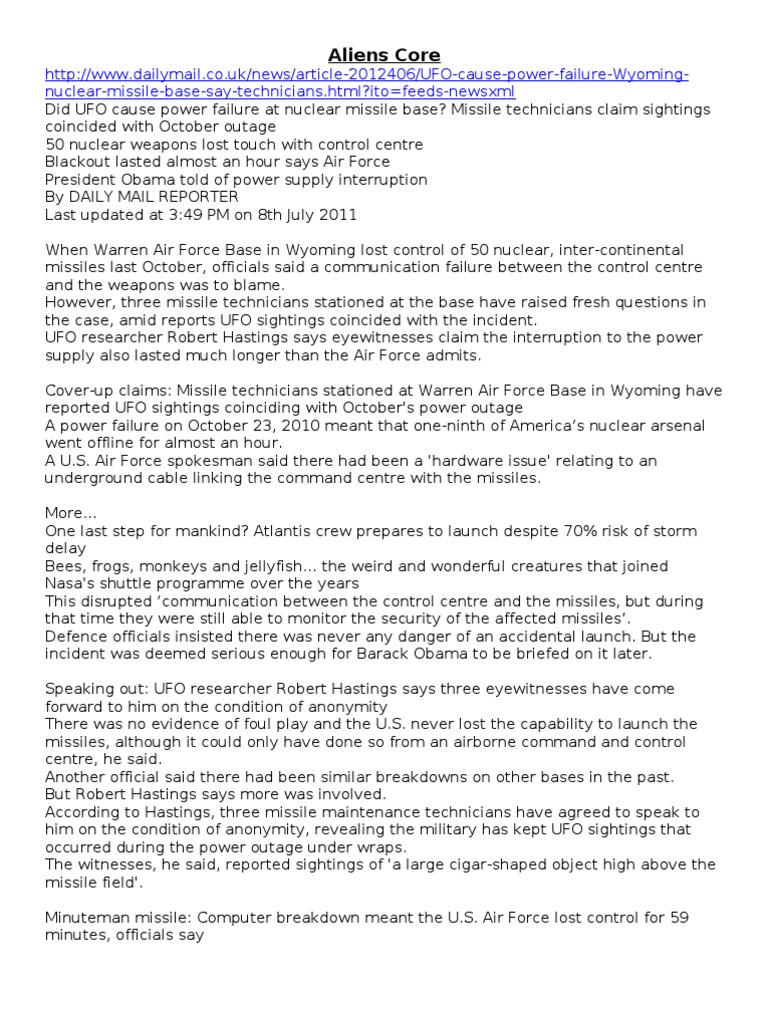 Aliens Core | PDF | Unidentified Flying Object | Nuclear Weapons