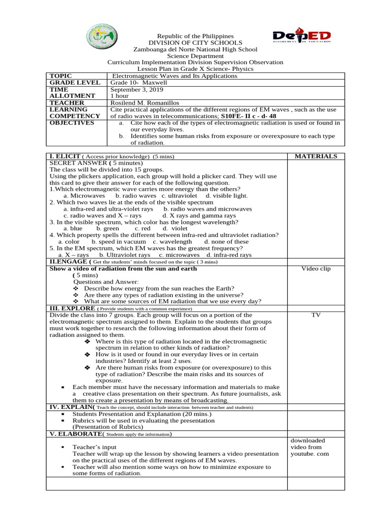 Grade 10 Science Lesson Plan: EM Waves | PDF | Electromagnetic ...