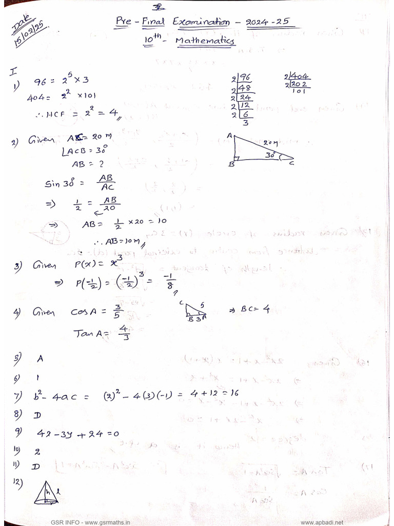 10th Class Maths Pre Final Key Paper | PDF