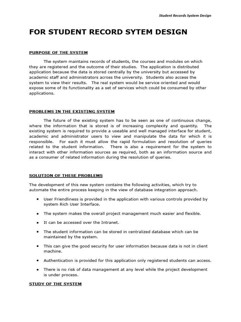 For Student Record Sytem Design: Purpose of The System | PDF ...