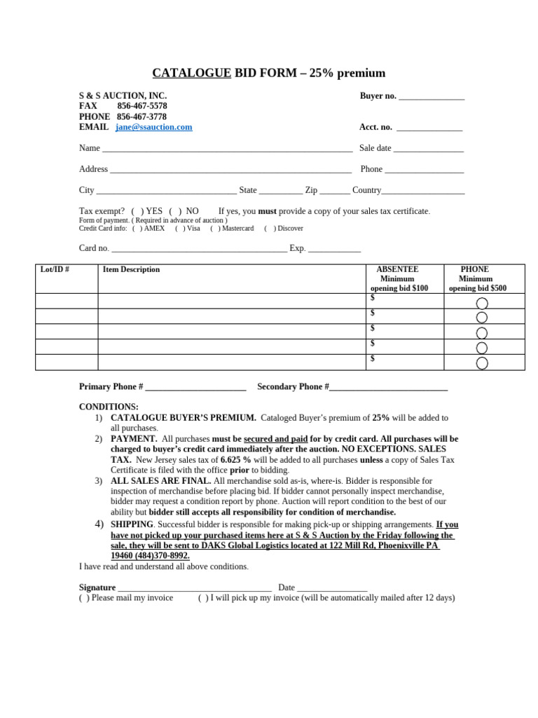 S&S Auction Catalogue Bid Form | PDF | Auction | Credit Card