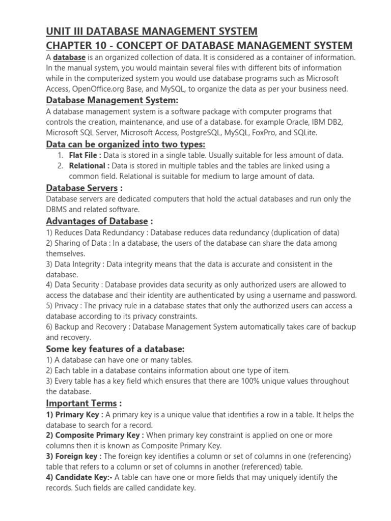 G 10 DBMS NOTES | PDF | Relational Database | Databases