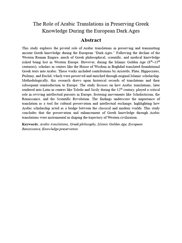 The Role of Arabic Translations in Preserving Greek Knowledge During The European Dark Ages | PDF