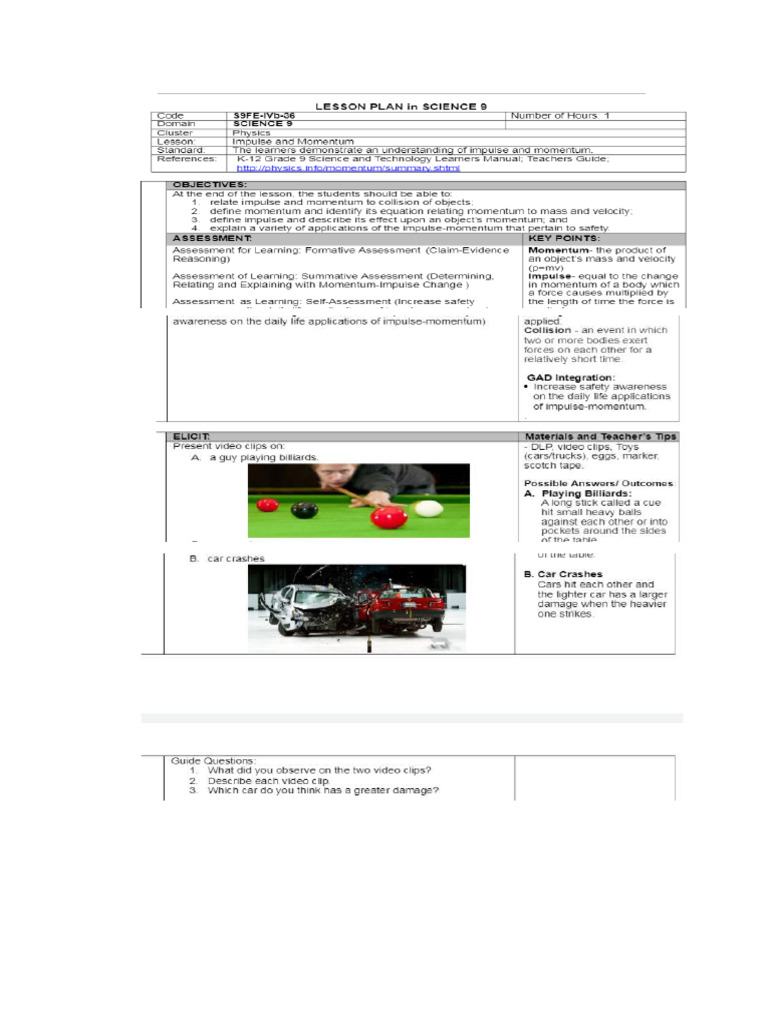 lesson plan( impulse and momentum | PDF