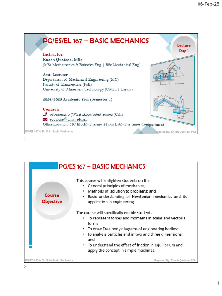 PG;ES 167, EL 129_Basic Mech Lectures 1-3 | PDF | Mass | Force