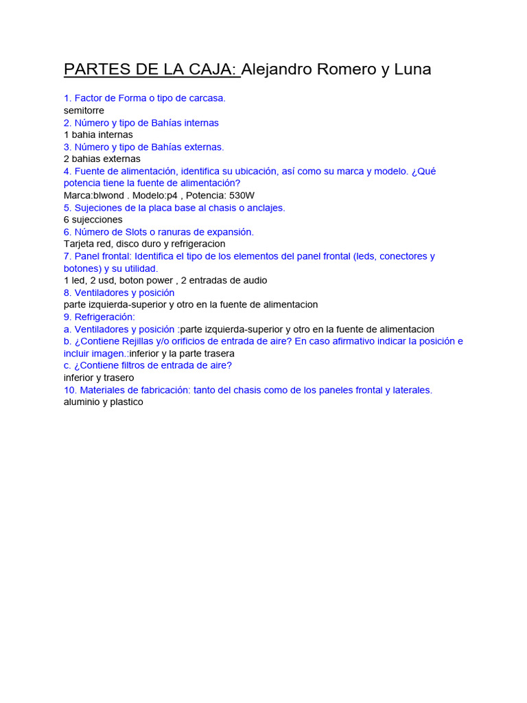 PARTES DE LA CAJA_ Alejandro Romero y Luna ,odt | PDF