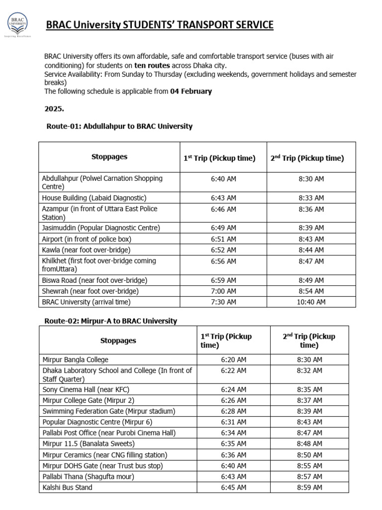 BRAC University Student Bus Schedule 2025 | PDF | Bus | Transport