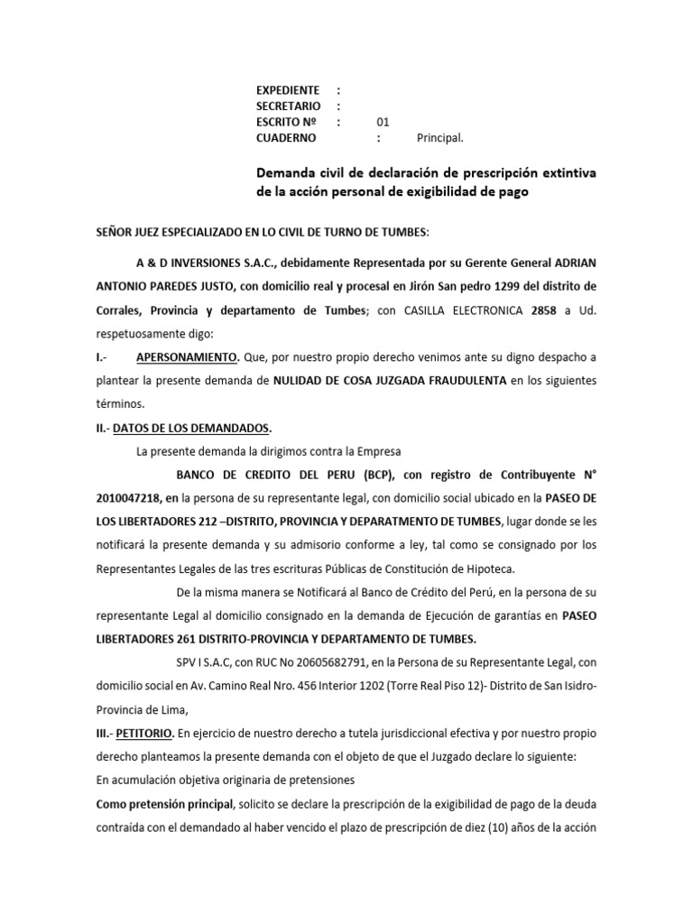 Demanda de Extincion de La Obligacion Ayd | PDF | Estatuto de ...