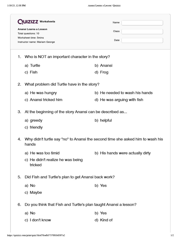 Anansi Learns A Lesson - Quizizz | PDF | Anansi