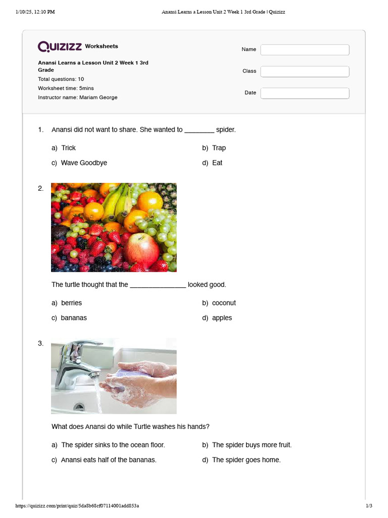 3rd Grade Anansi Lesson Quiz | PDF | Anansi