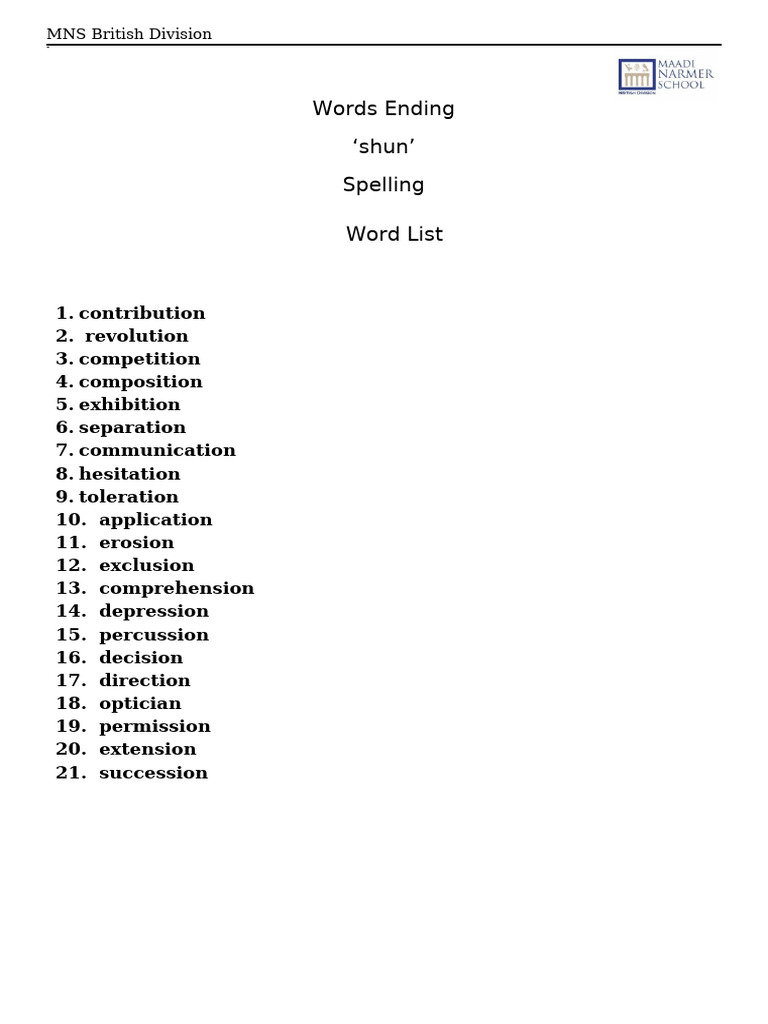 Words Ending 'Shun' Word List | PDF