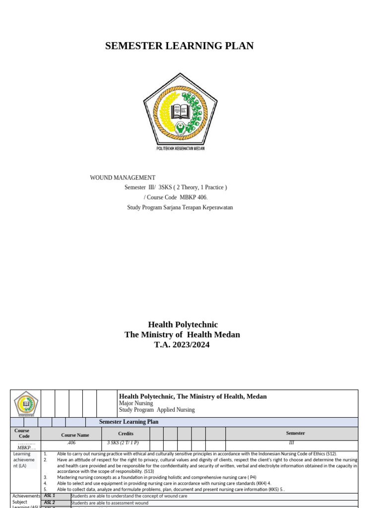 SEMESTER LEARNING PLAN | PDF | Wound | Injury
