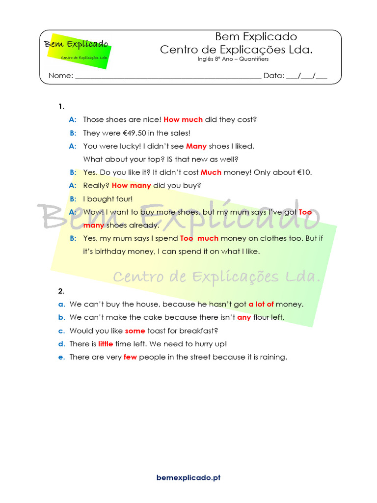 English 8th Grade: Quantifiers Worksheet | PDF