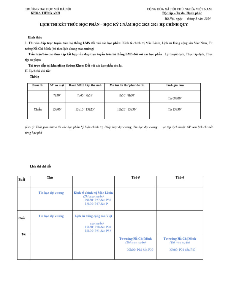 (28.3) - KTA-LỊCH THI KTHP HK2 (23-24) HỆ CQ - Cập Nhật | PDF