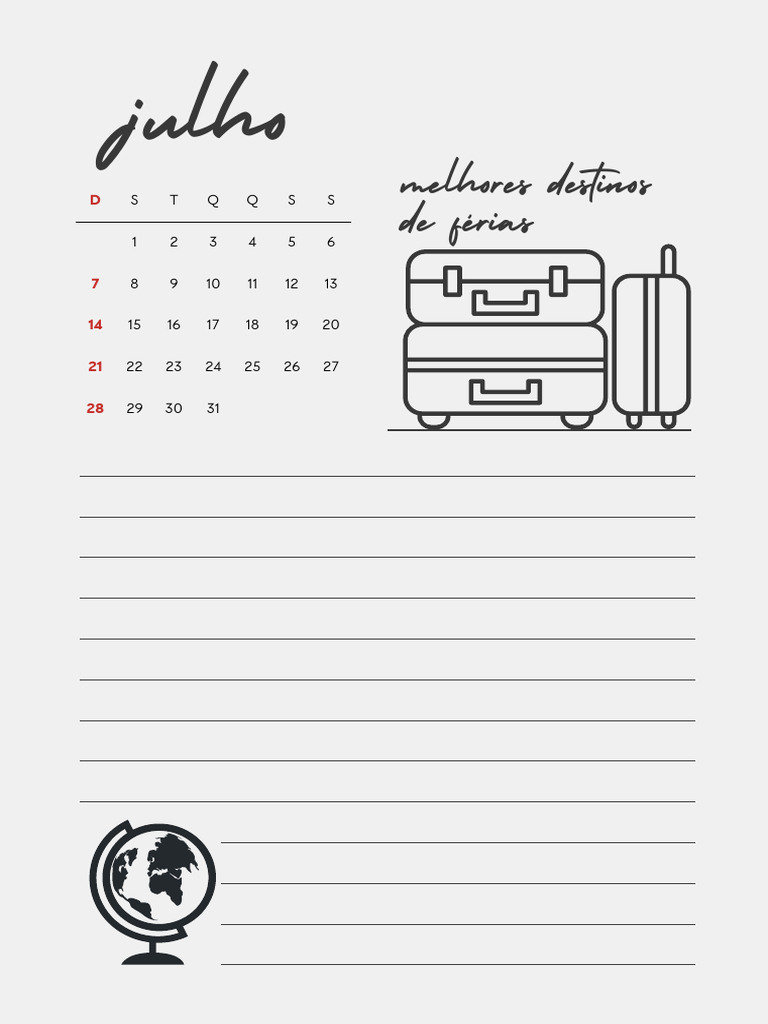 Planner Documento A4 Calendário Mensal de Julho 2024 Ilustrado Simples Cinza.pdf | PDF