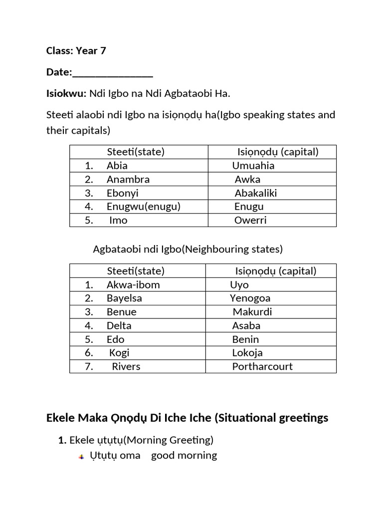 1st Term Igbo Note Year 7 | PDF | Consonant | Phonetics