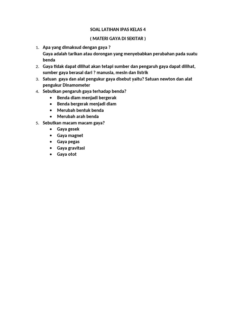 Soal Latihan (5) Gaya Kls 4 | PDF