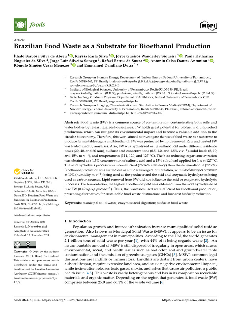 Brazilian Food Waste As A Substarte | PDF | Biofuel | Yeast